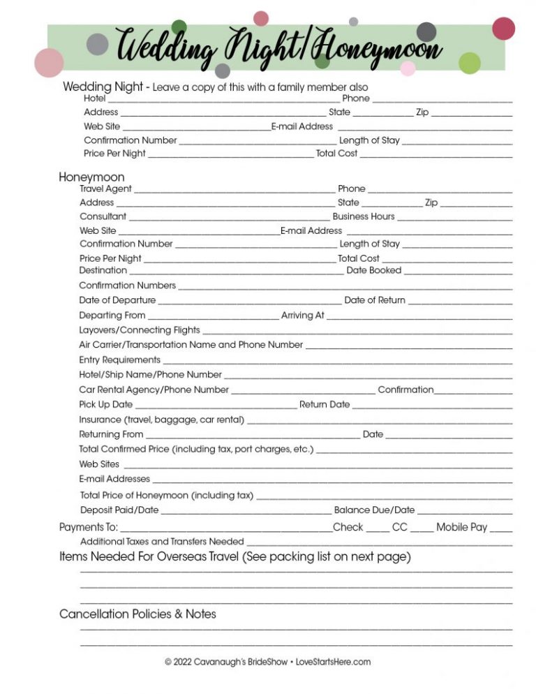 Cavanaugh’s Wedding Show » FREE Printable Wedding Worksheets